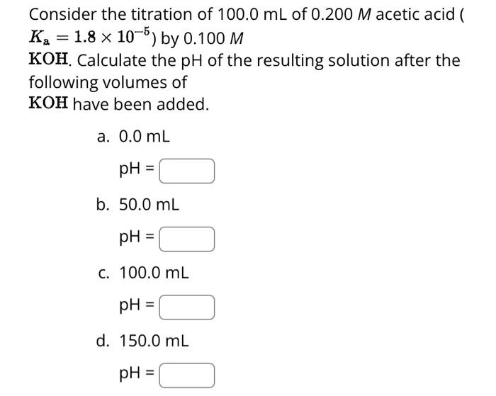 Solved Consider the titration of 100.0 mL of 0.200 M acetic | Chegg.com