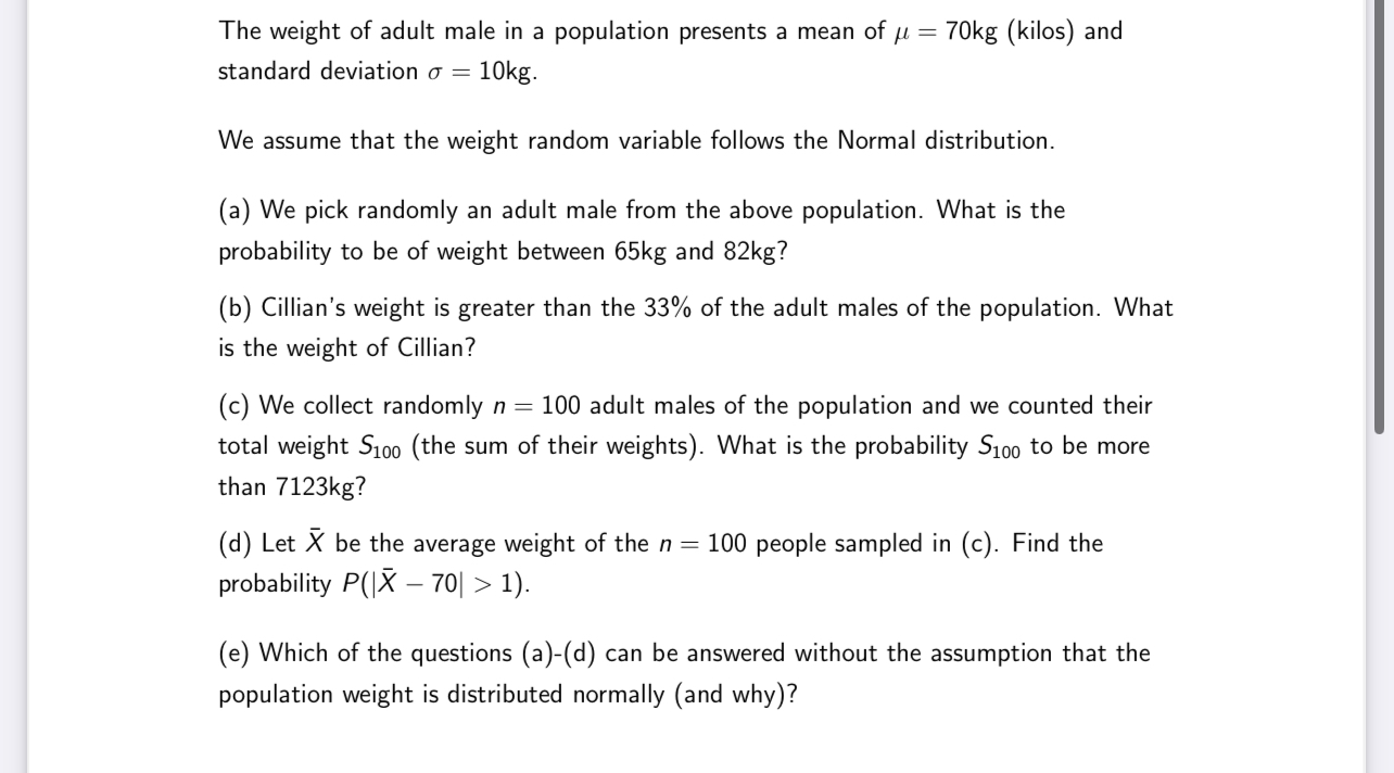 Solved The weight of adult male in a population presents a | Chegg.com