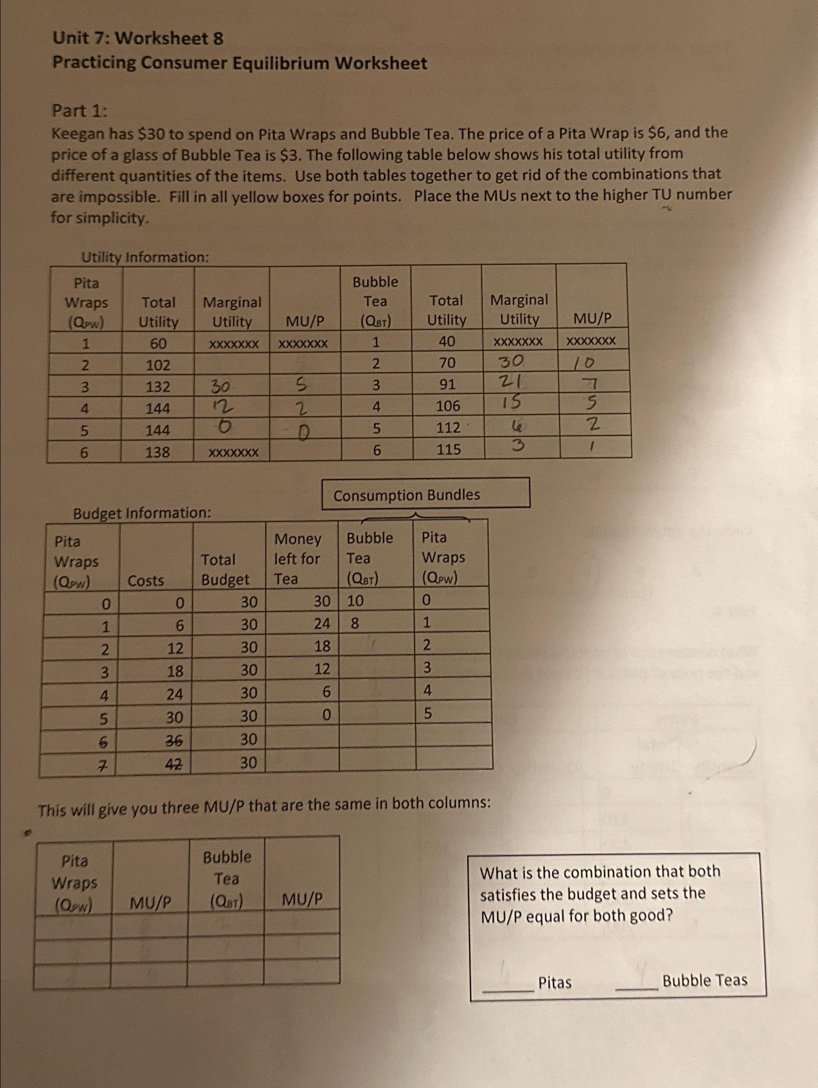 Solved Unit 7: Worksheet 8Practicing Consumer Equilibrium | Chegg.com