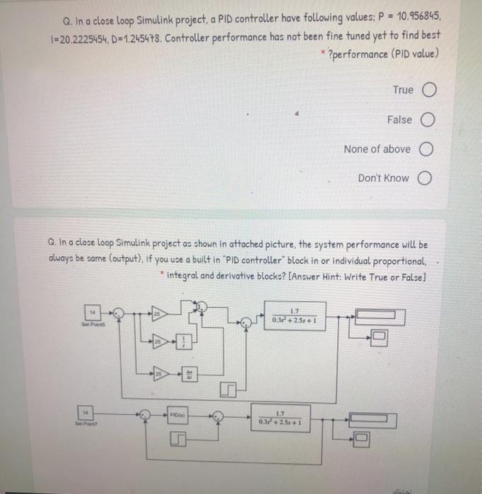 Solved Q. In a close loop Simulink project, a PID controller | Chegg.com