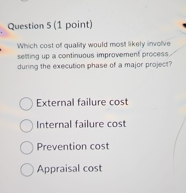 Solved Question 5 (1 ﻿point)Which cost of quality would most | Chegg.com