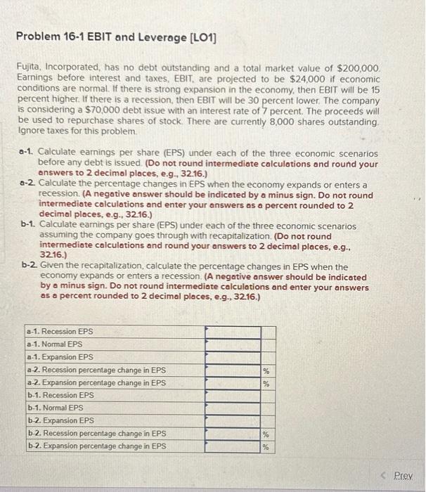 Solved Problem 16-1 EBIT and Leverage [LO1] Fujita, | Chegg.com