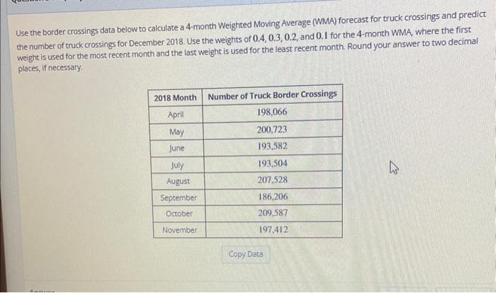 Solved Use the border crossings data below to calculate a | Chegg.com