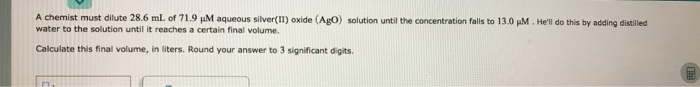 Solved A chemist must dilute 28.6 ml of 71.9 M aqueous | Chegg.com