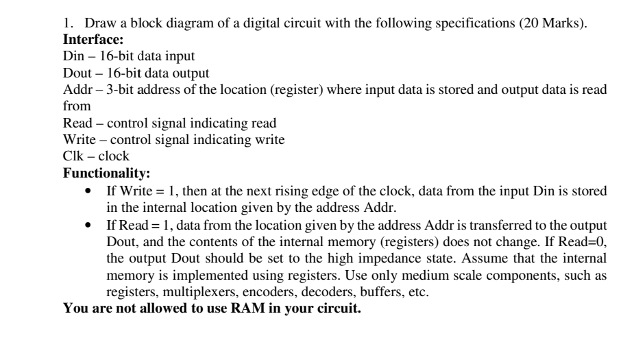 Solved Draw a block diagram of a digital circuit with the | Chegg.com