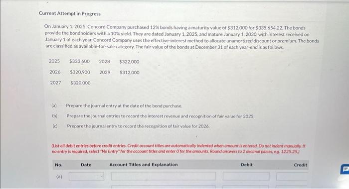 Solved On January 1,2025, Concord Company purchased 12% | Chegg.com