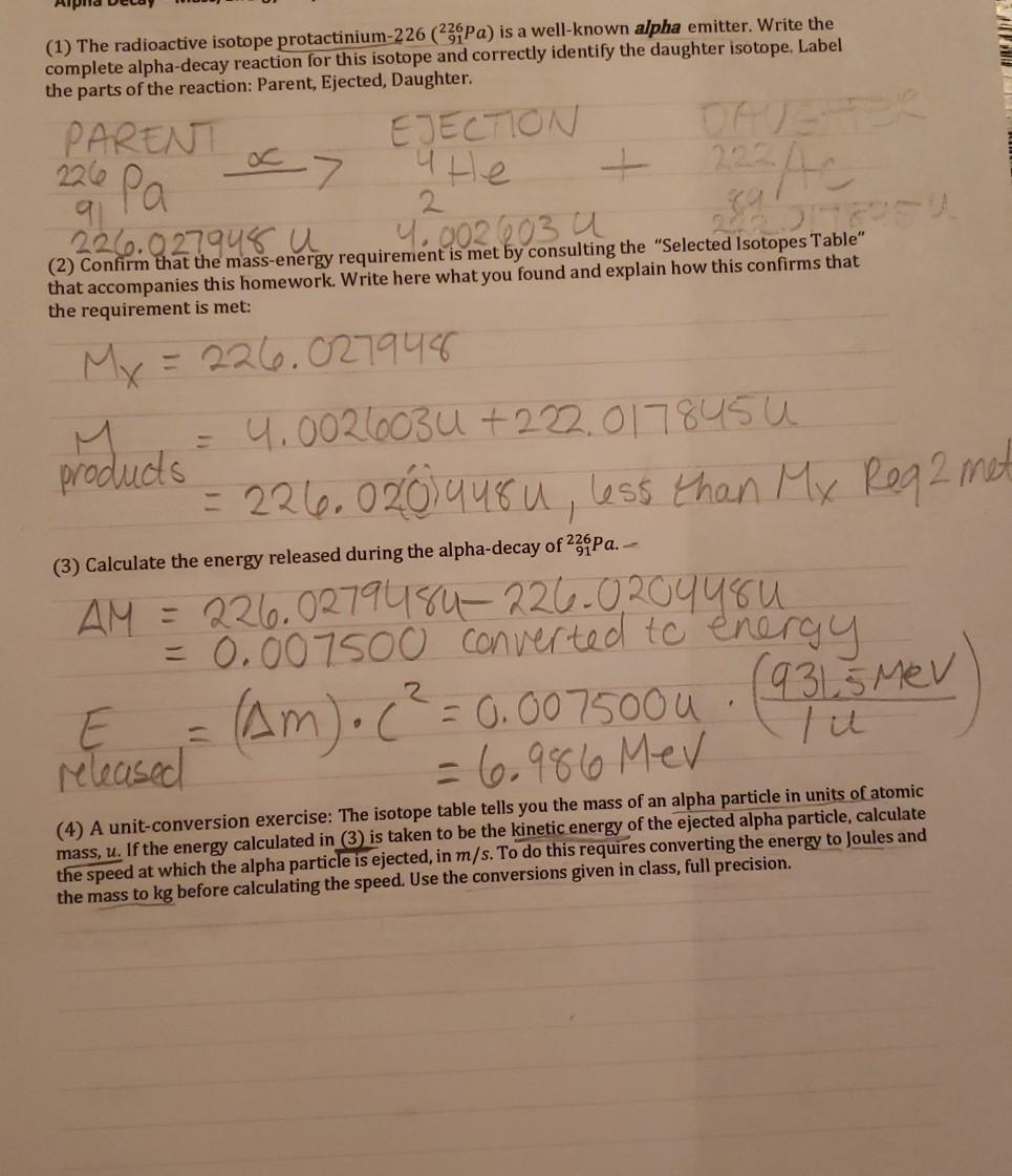 Solved (1) The radioactive isotope protactinium-226 (234Pa) | Chegg.com