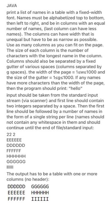 Solved JAVA print a list of names in a table with a | Chegg.com