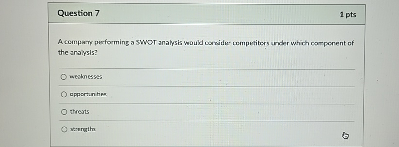 Solved Question 71 ﻿ptsA company performing a SWOT analysis | Chegg.com