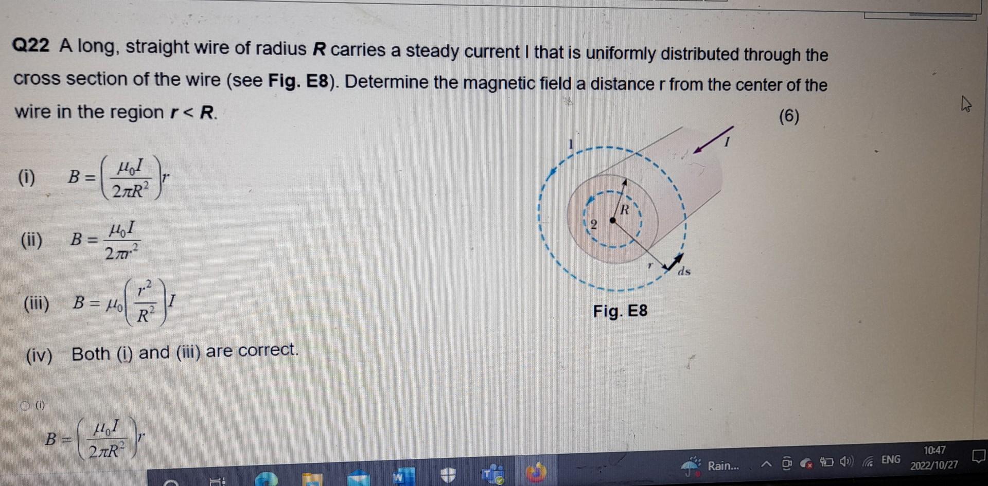 Solved Q22 A long, straight wire of radius R carries a | Chegg.com