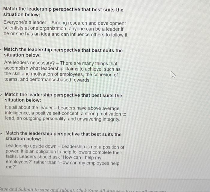 Solved Match the leadership perspective that best 1. | Chegg.com