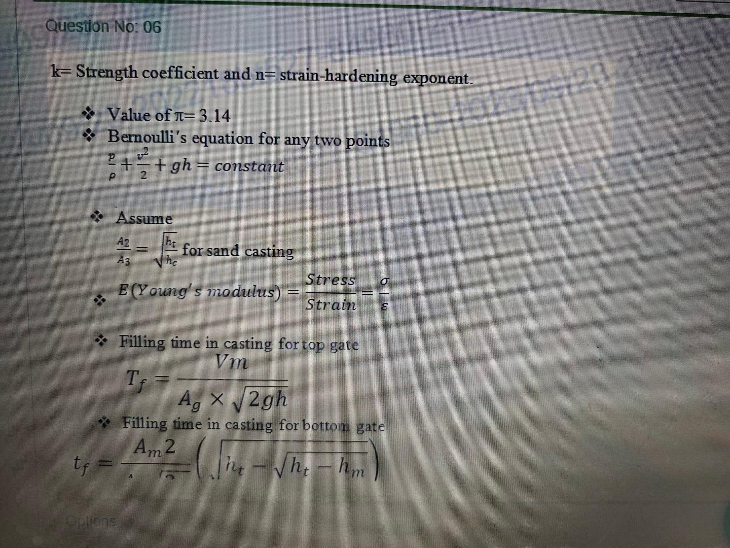 Solved Question No: 06 tf=Ag2gAm2(ht−ht−hm) * Chvorinov's | Chegg.com