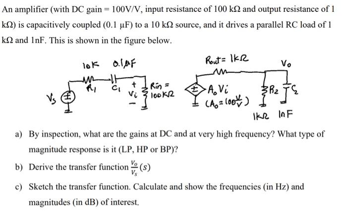 An amplifier (with DC gain =100 V/V, input resistance | Chegg.com