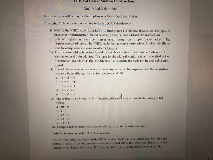 ECE 374 Lab 2: Subtract Instruction Due: In Lab Feb | Chegg.com
