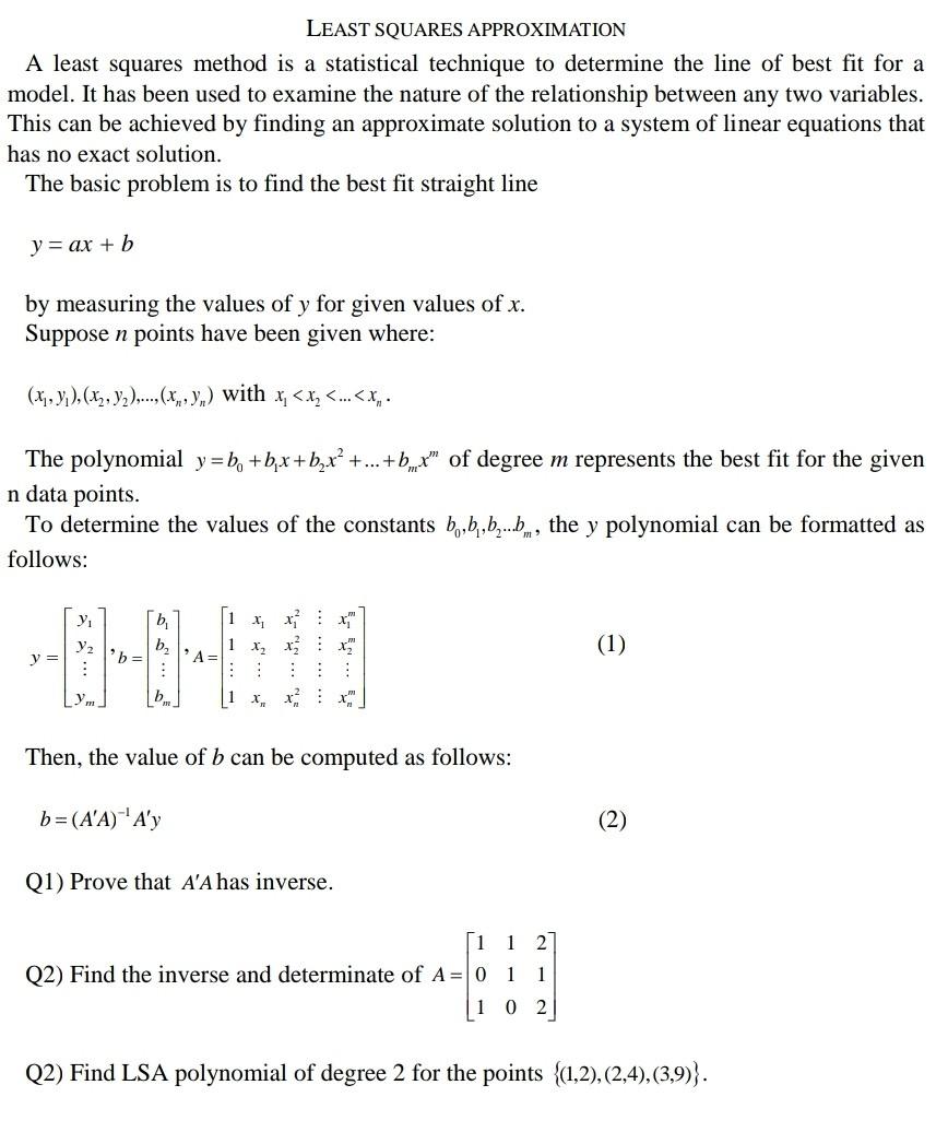 Solved LEAST SQUARES APPROXIMATION A least squares method is | Chegg.com