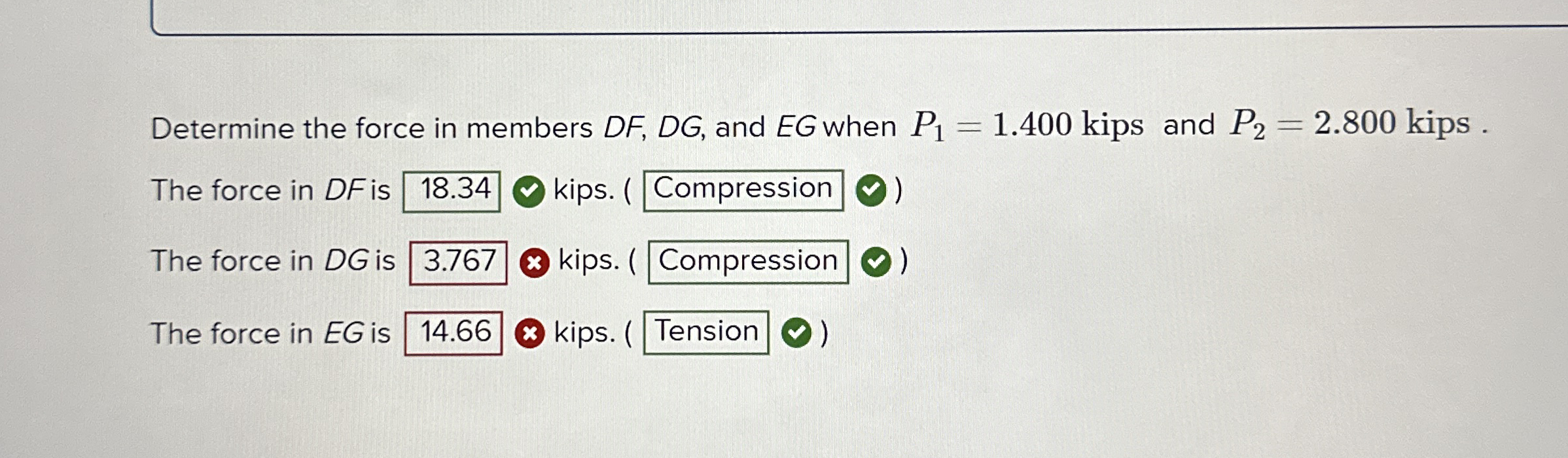 Determine the force in members DF,DG, ﻿and EG ﻿when | Chegg.com