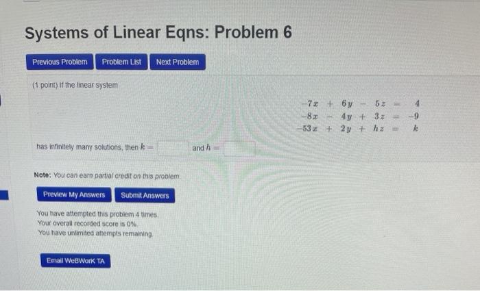 Solved Systems of Linear Eqns: Problem 6 Previous Problem | Chegg.com