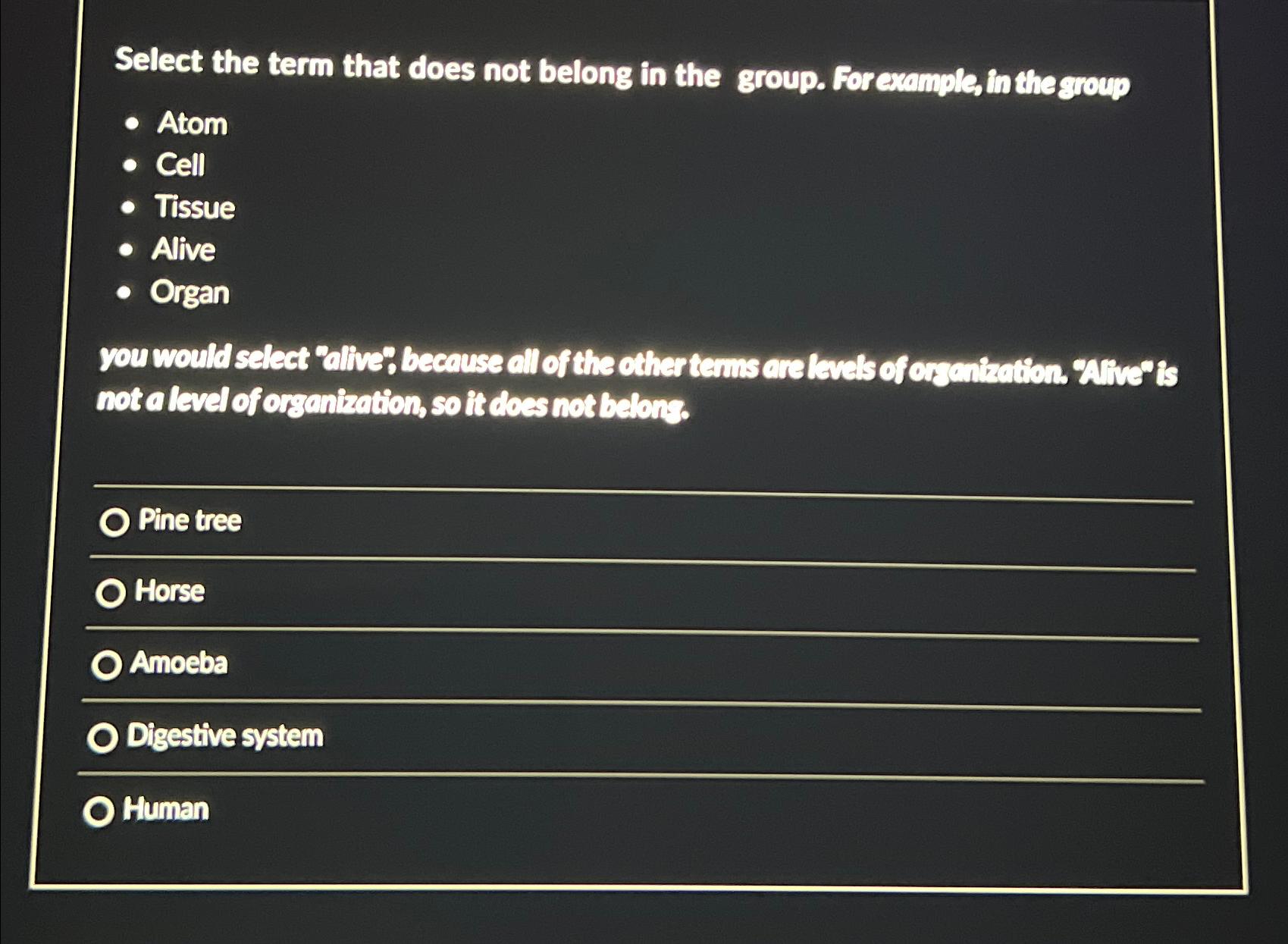 Solved Select the term that does not belong in the group. | Chegg.com