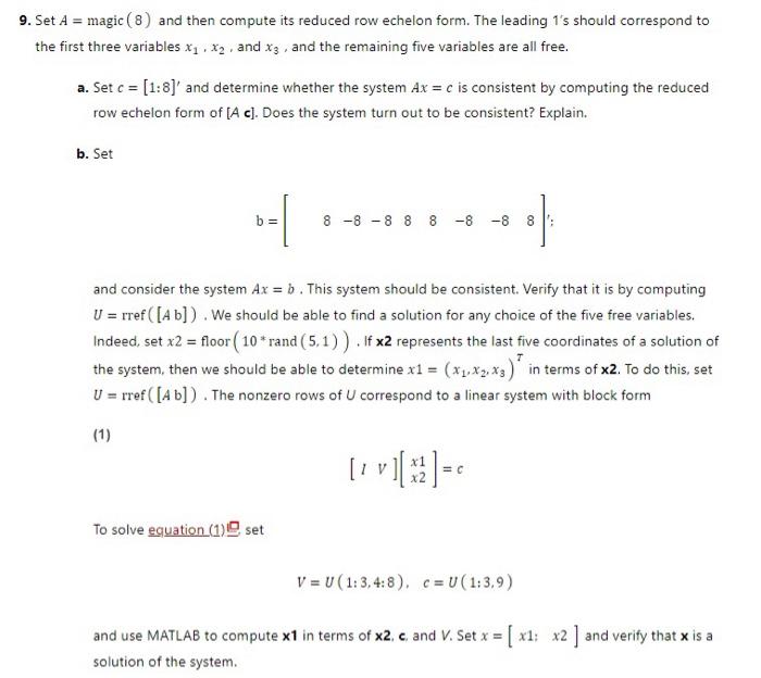 Solved 9. Set A= magic ( 8 ) and then compute its reduced | Chegg.com