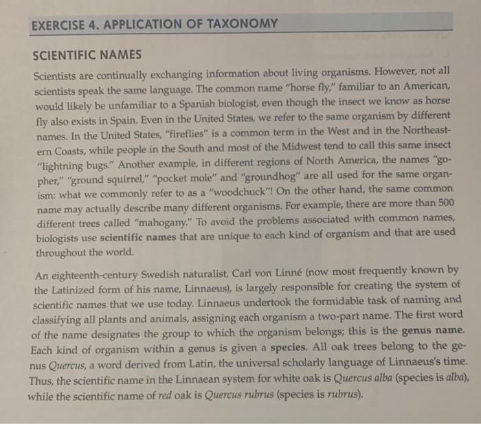 Solved EXERCISE 4. APPLICATION OF TAXONOMY SCIENTIFIC NAMES | Chegg.com