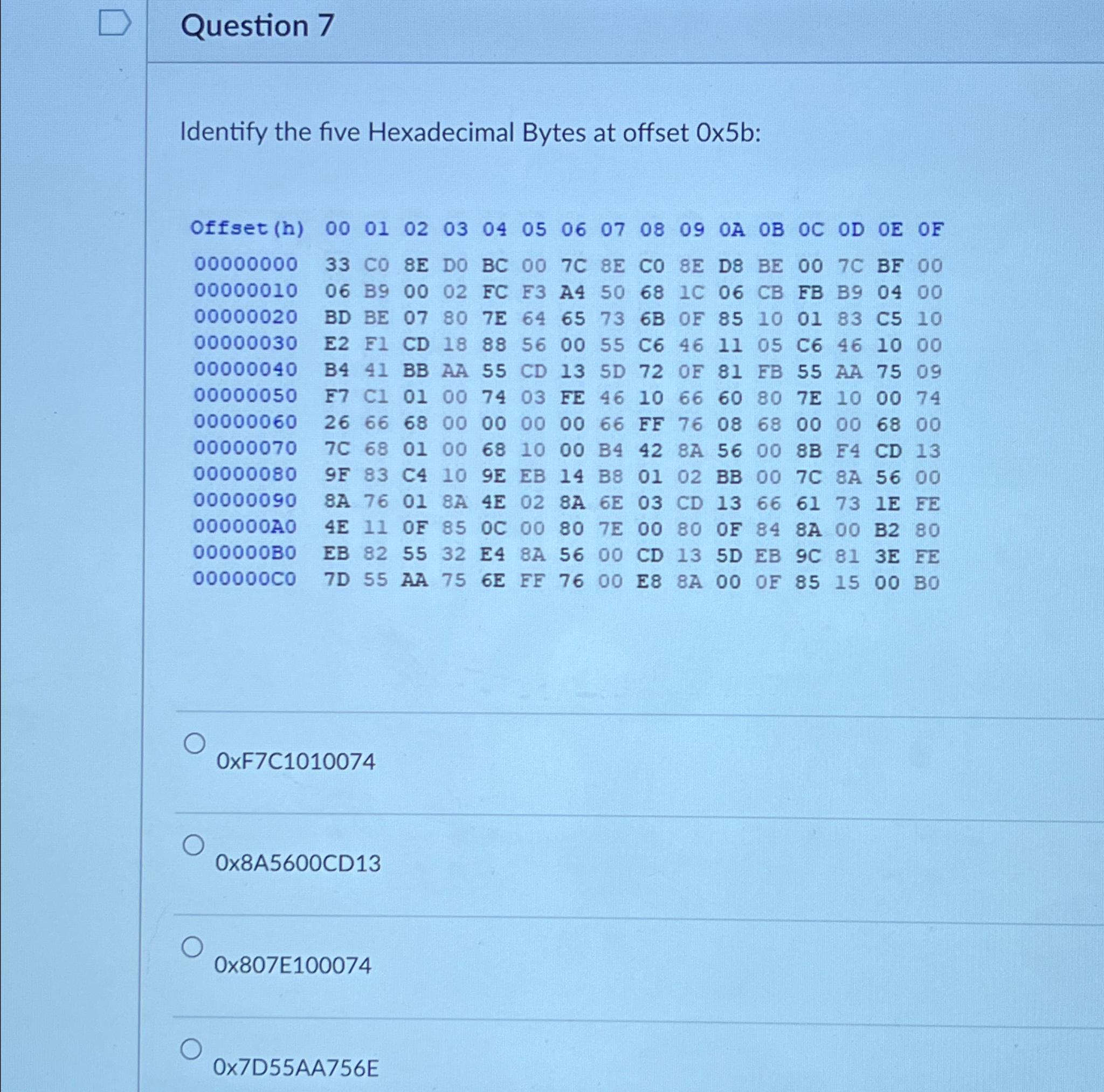 Question 7Identify the five Hexadecimal Bytes at | Chegg.com