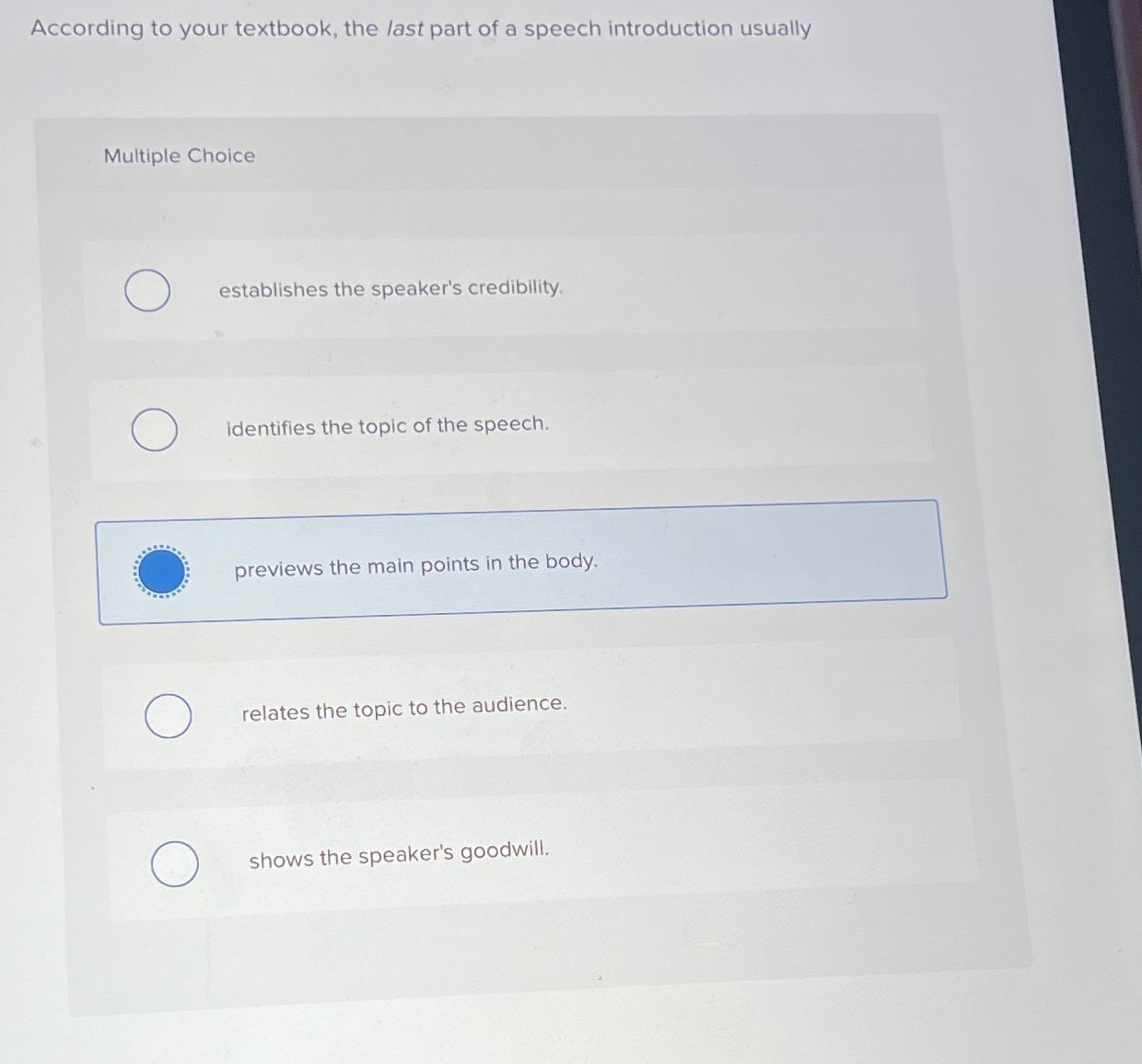 Solved According to your textbook, the last part of a speech | Chegg.com