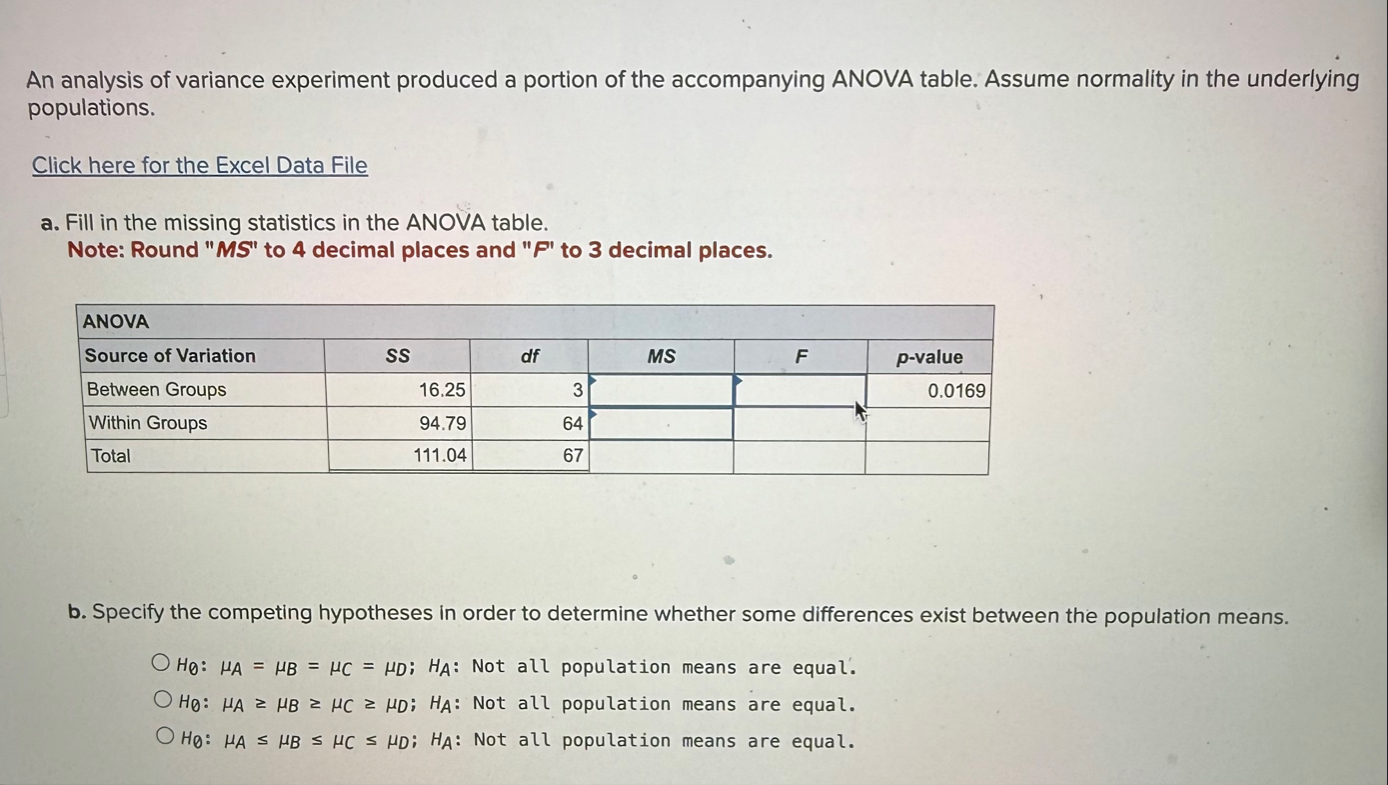 Solved An analysis of variance experiment produced a portion | Chegg.com