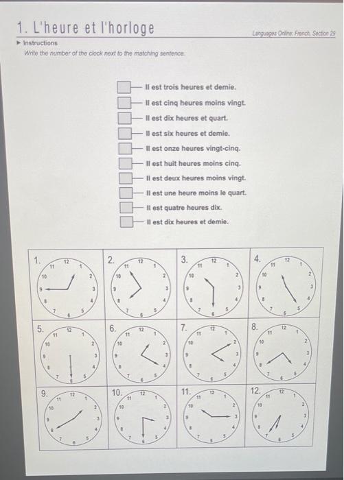 Instructions Write the number of the clock next to | Chegg.com