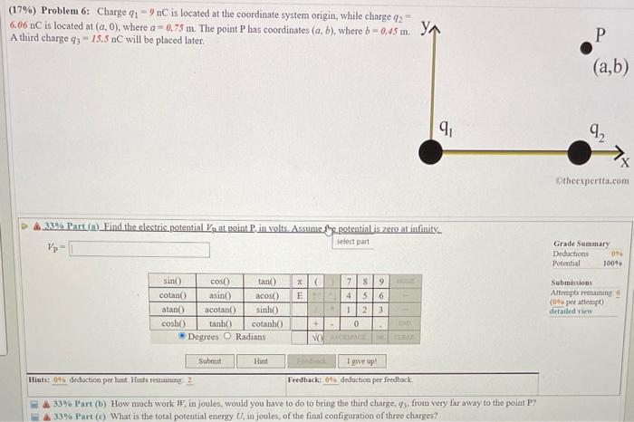 Solved (17\%) Problem 6: Charge q1=9nC is located at the | Chegg.com