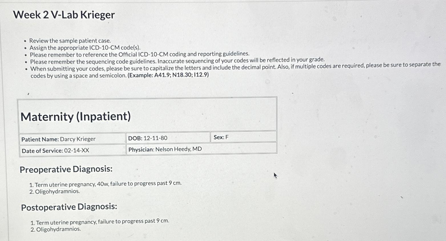 Solved Week 2 ﻿V-Lab KriegerReview the sample patient | Chegg.com