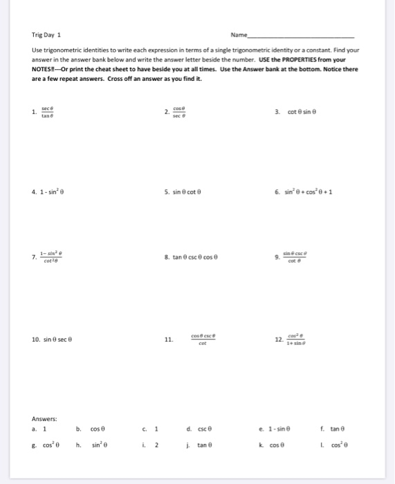 Solved Trig Day 1 Name Use trigonometric identities to write | Chegg.com