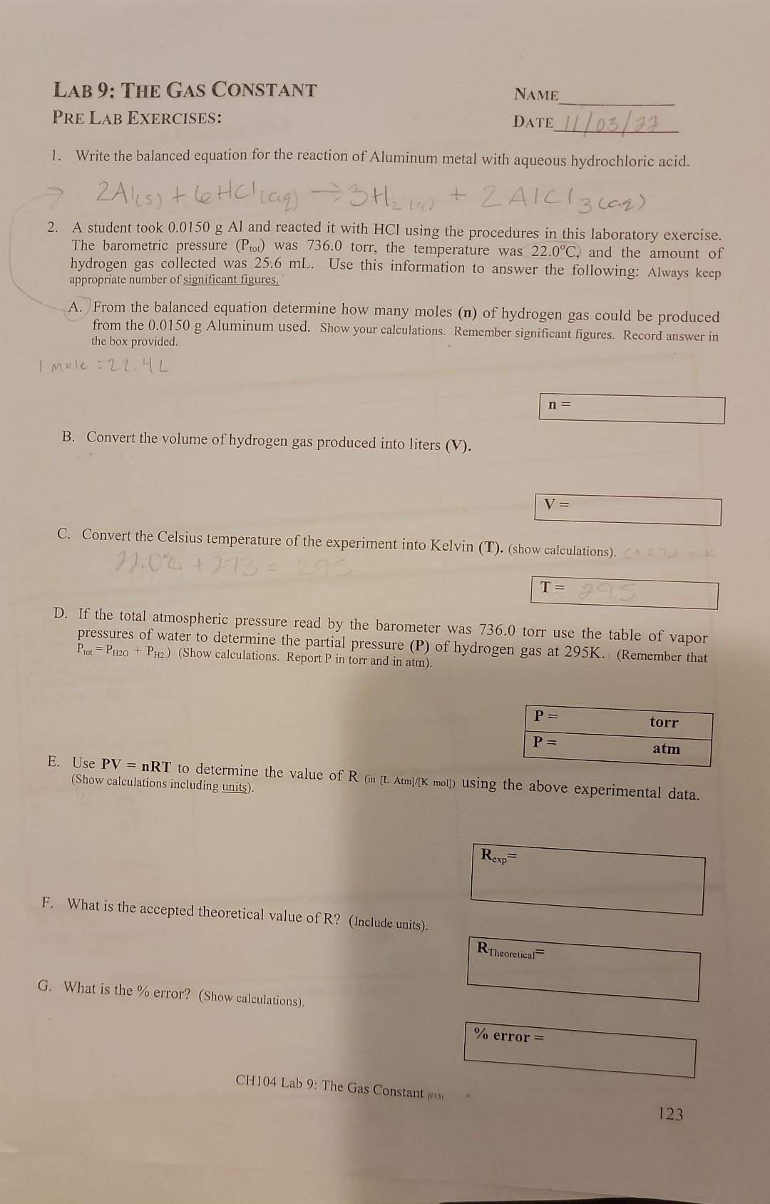 Solved LAB 9: THE GAS CONSTANT NAME PRE LAB EXERCISES: 1. | Chegg.com