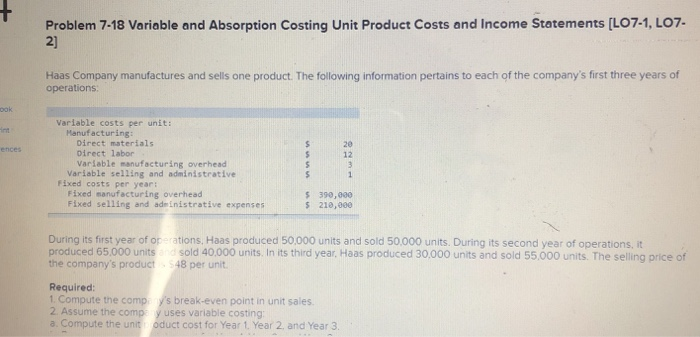 Solved Problem 7-18 Variable and Absorption Costing Unit | Chegg.com