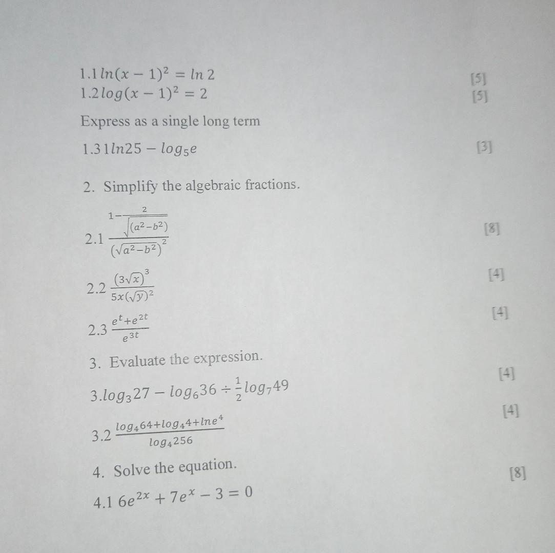 1.1ln(x−1)2=ln2 [5] 1.2log(x−1)2=2 Express as a | Chegg.com