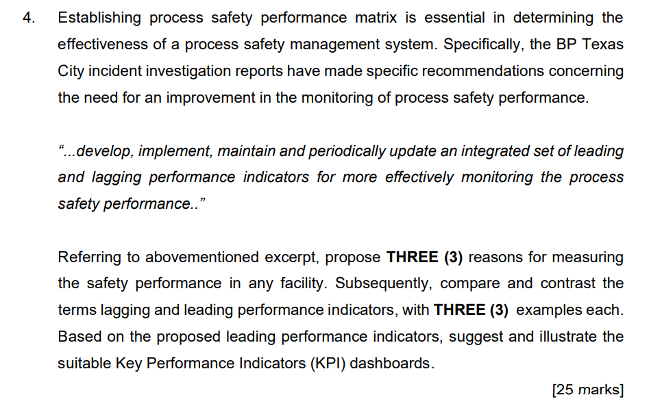 Solved Establishing process safety performance matrix is | Chegg.com