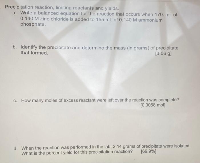 Solved Precipitation reaction, limiting reactants and | Chegg.com