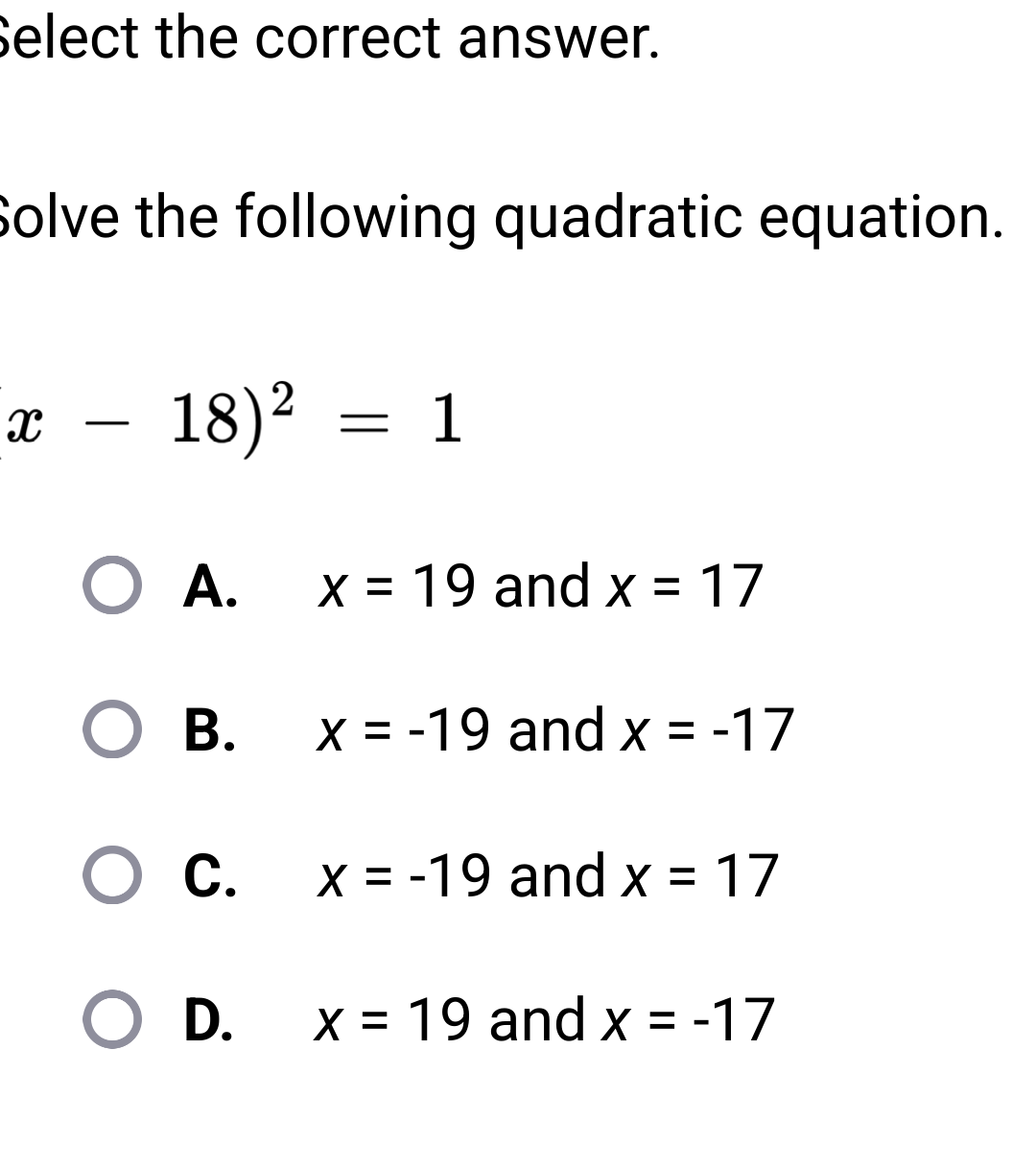 Solved elect the correct answer.olve the following quadratic | Chegg.com