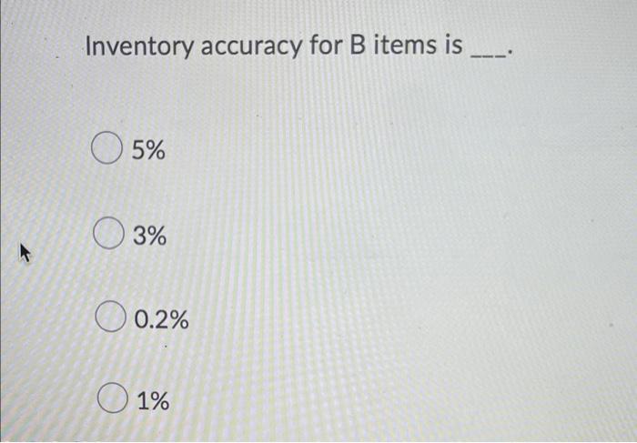 Solved Inventory accuracy for B items is 5% Ⓒ3% O 0.2% 1% | Chegg.com