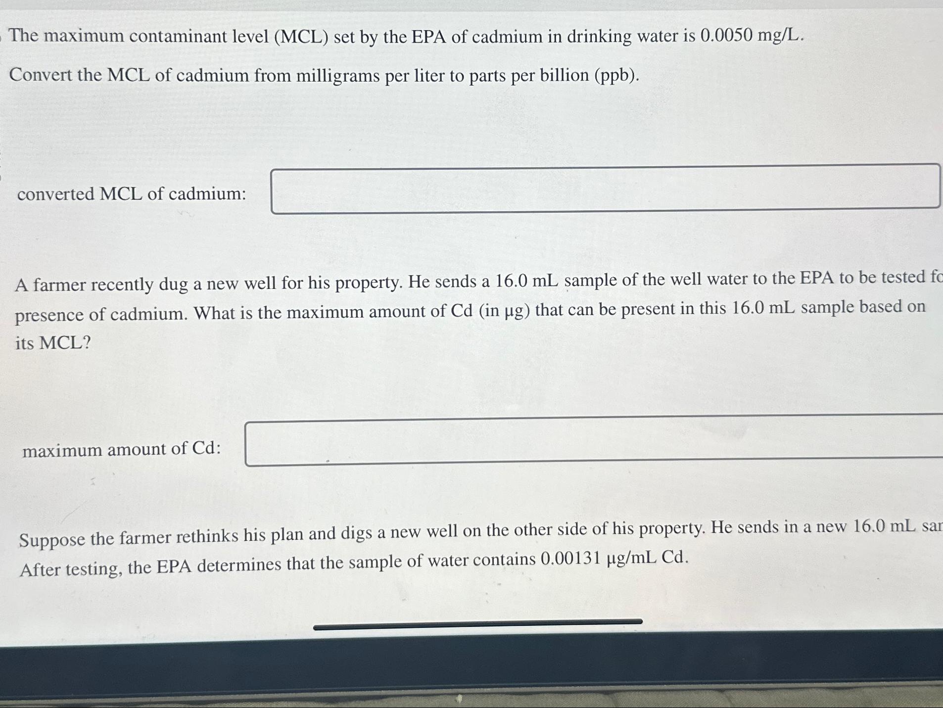 Solved The maximum contaminant level (MCL) set by the EPA of | Chegg.com