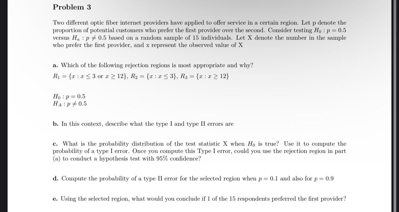 Solved Problem 3Two different optic fiber internet providers | Chegg.com