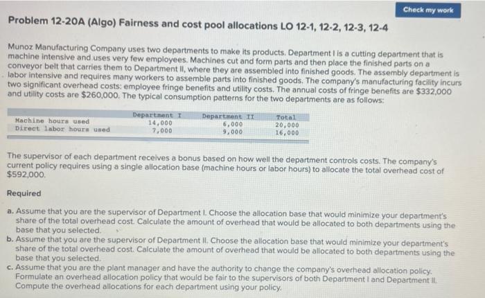 Solved Check my work Problem 12-20A (Algo) Fairness and cost | Chegg.com