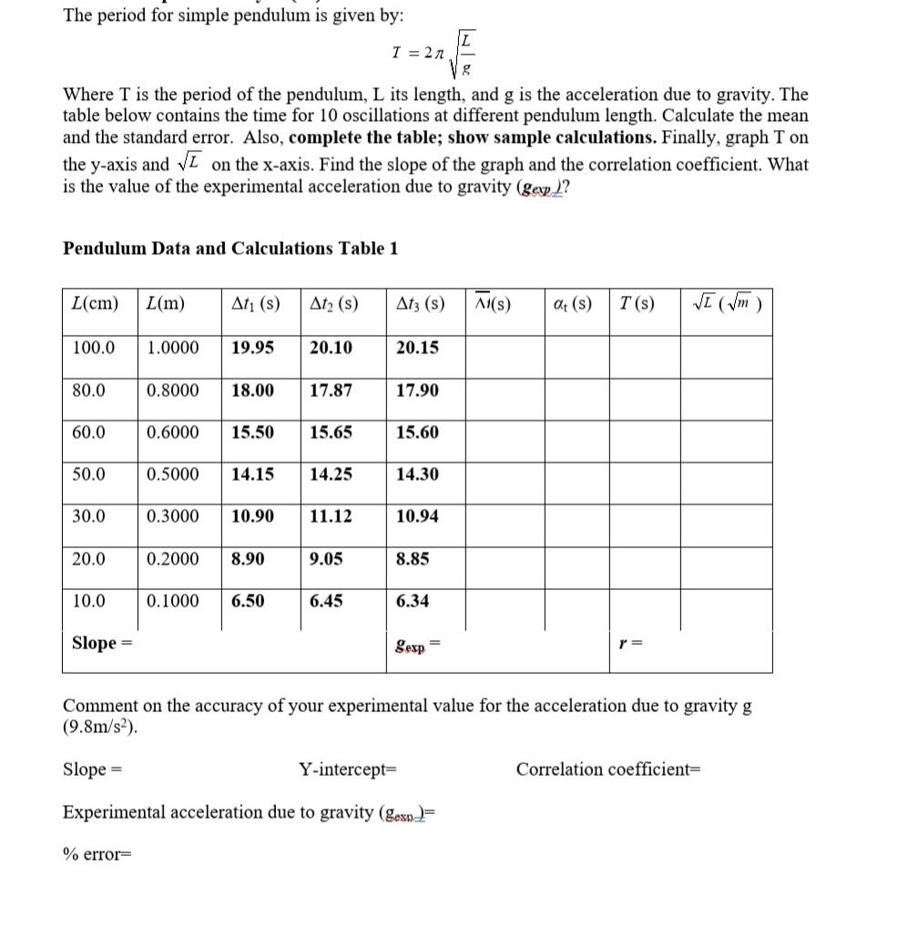 Solved The period for simple pendulum is given by: T = 21 8 | Chegg.com