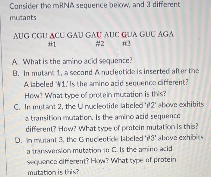 Solved Consider the mRNA sequence below, and 3 different | Chegg.com