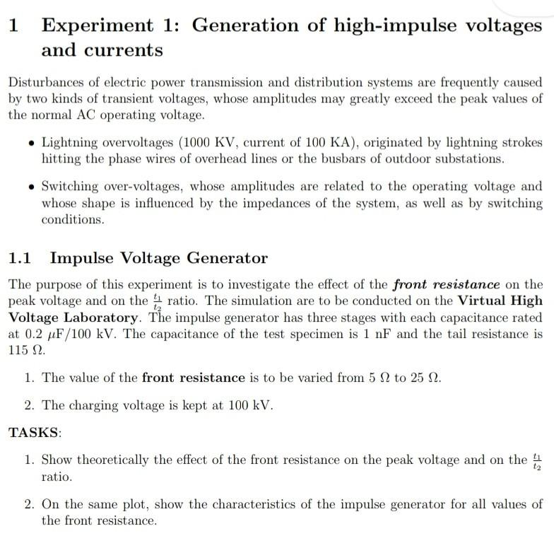 Solved 1 Experiment 1: Generation of high-impulse voltages | Chegg.com