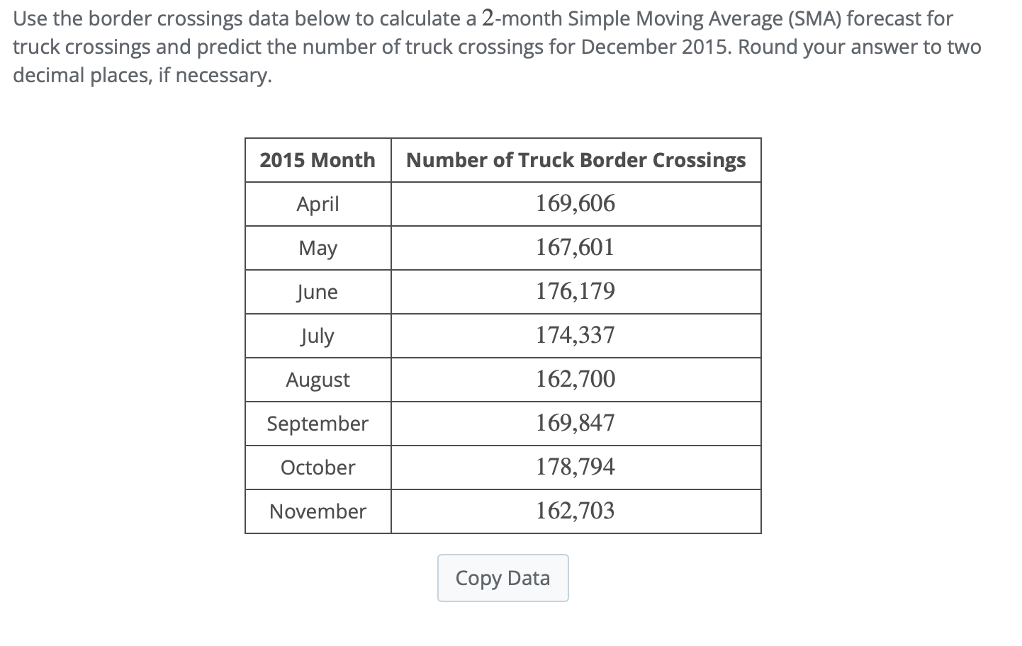 Solved Use the border crossings data below to calculate | Chegg.com