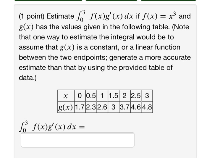 Solved (1 point) Estimate So f(x)g'(x) dx if f(x) = x3 and | Chegg.com