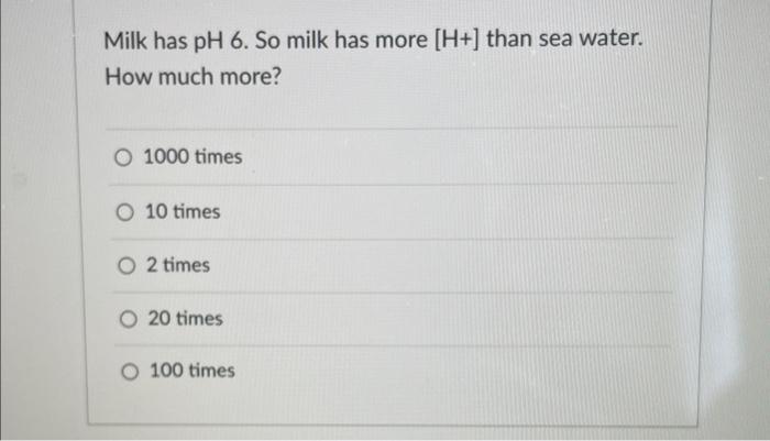 Solved Milk has pH 6. So milk has more [H+] than sea water. | Chegg.com