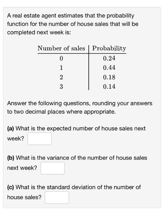 Solved A real estate agent estimates that the probability | Chegg.com