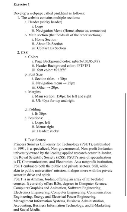 Solved Develop a webpage called psut.html as follows: 1. The | Chegg.com
