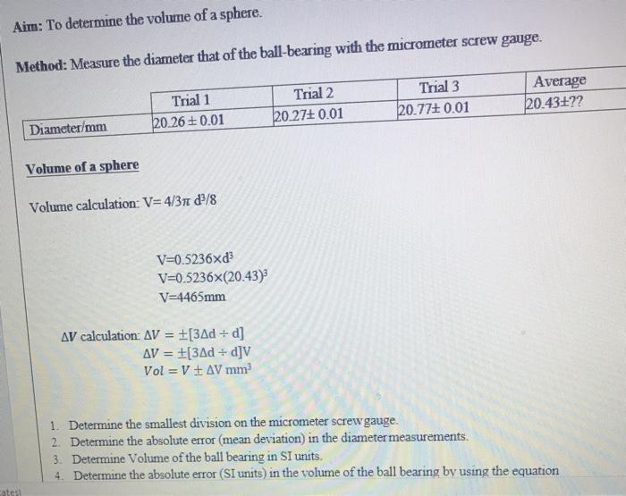 Solved Aim: To determine the volune of a sphere. Method: | Chegg.com